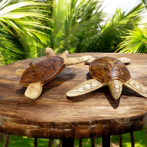 Five Turtle Carving on Stand | Sea Life Wood Art