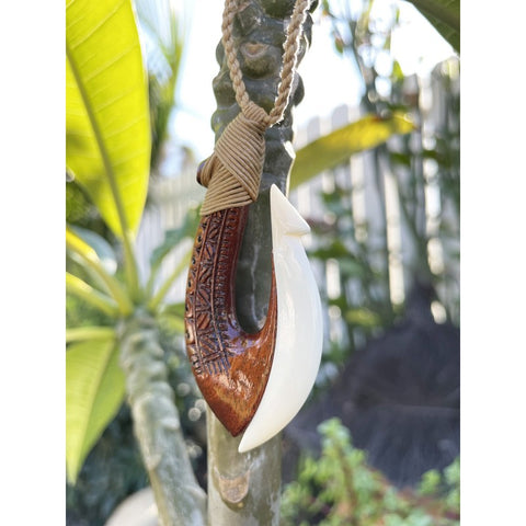 Koa and Buffalo Bone Hawaiian Fish Hook with Engravings